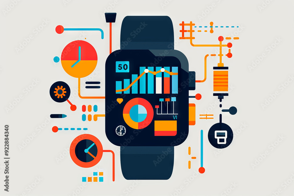 Smartwatch with infographic display showing connectivity, health data ...