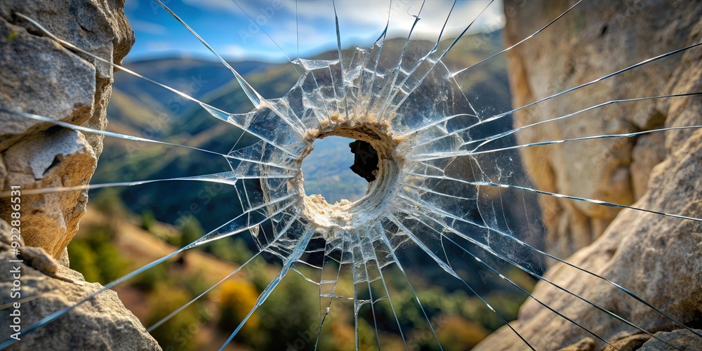 Bullet hole in the rock. Broken window, cracks, bullet hole, rock ...