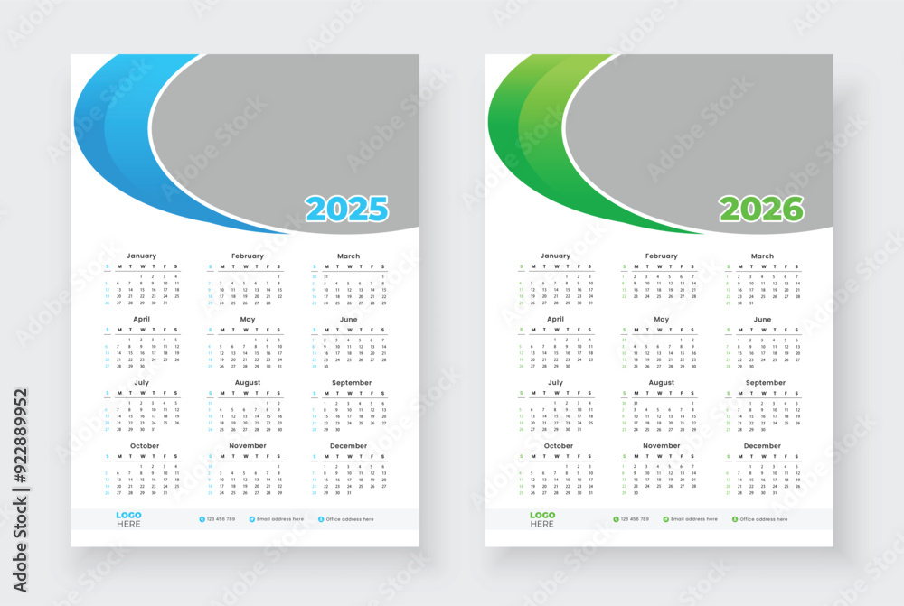 One page wall calendar for 2025, 2026. Week starts on Sunday. One page ...