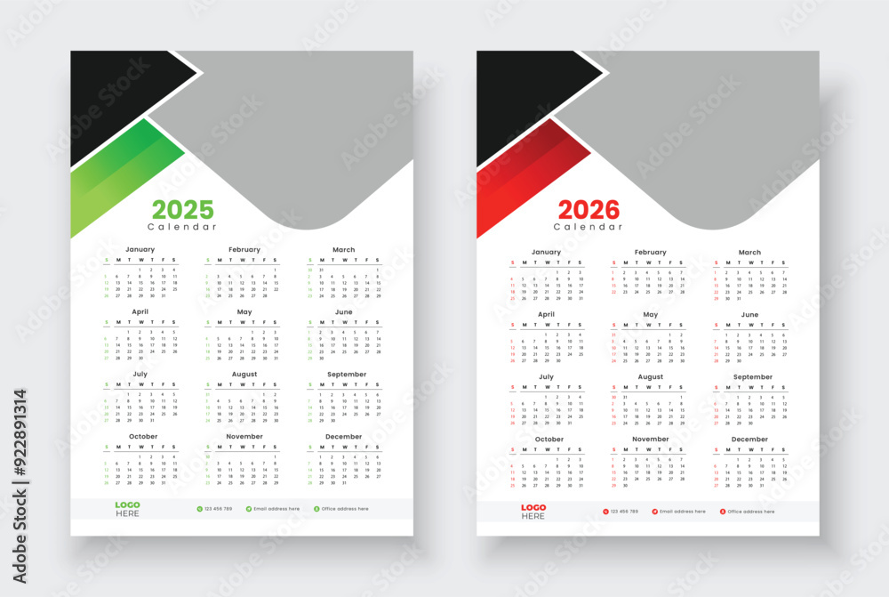 2025, 2026 years calendar, One page wall calendar template design ...