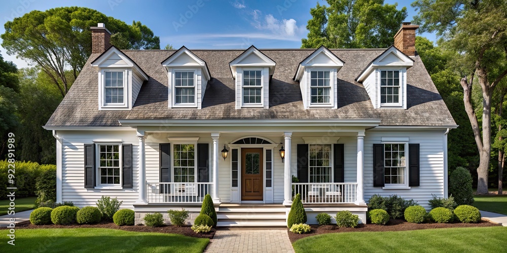 Classic Cape Cod house with white siding, black shutters, and a ...