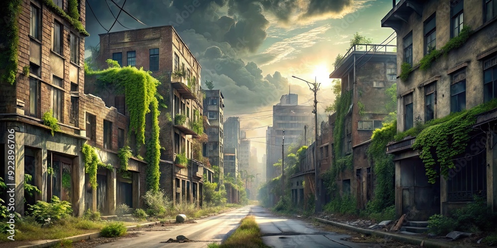Desolate post-apocalyptic street scene with gutted buildings and ...