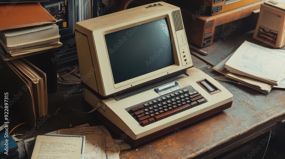 Vintage Beige Computer with a Black Screen on a Wooden Desk with Books ...