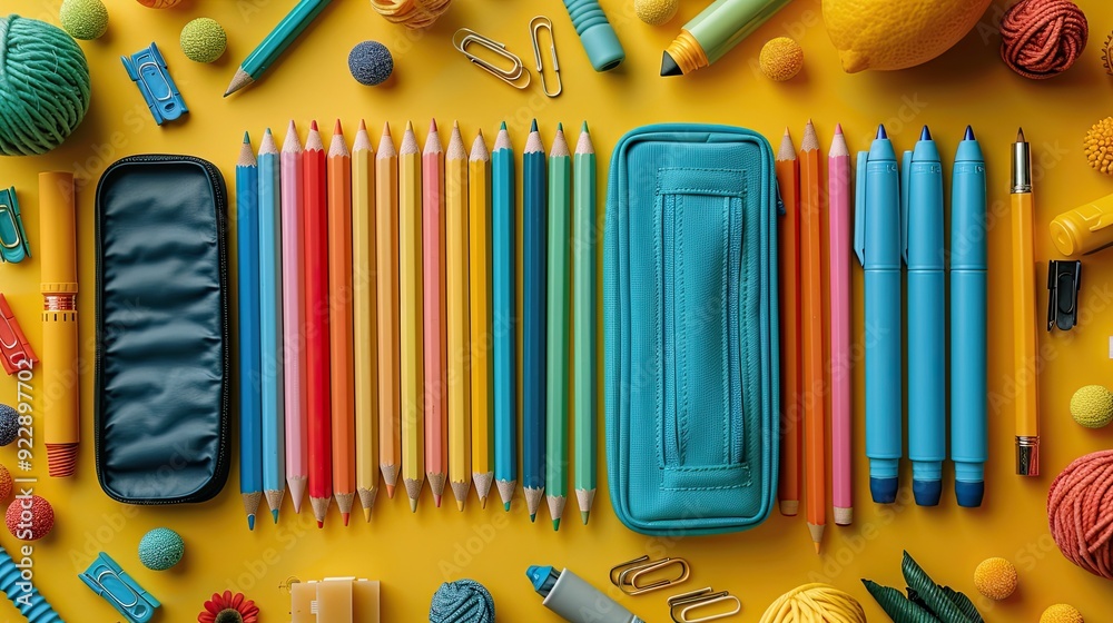 colorful rainbow school supplies on yellow background frame border top ...