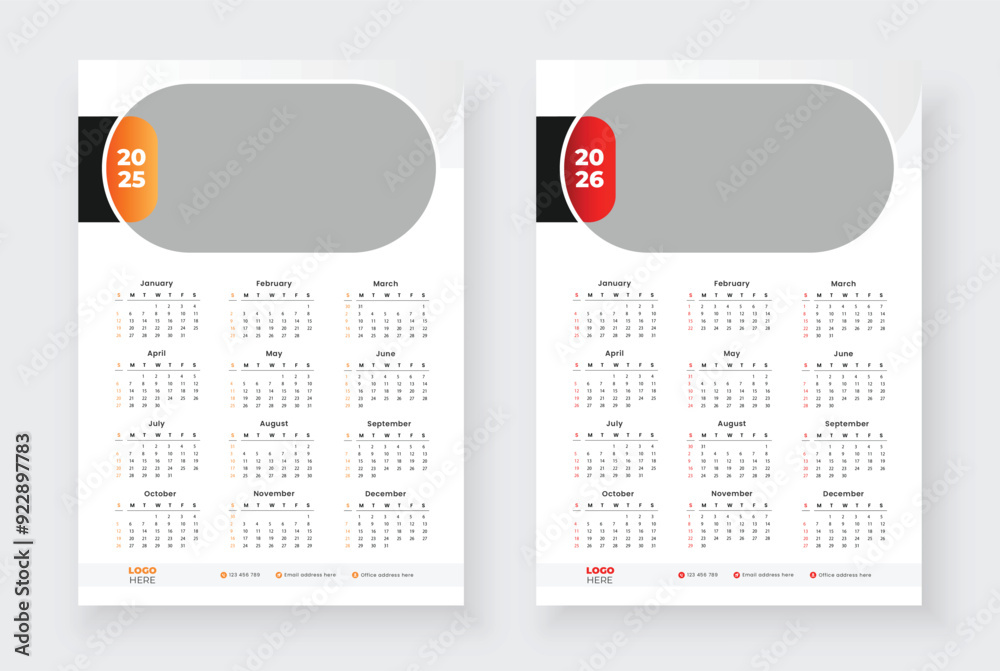 One page wall calendar for 2025, 2026. Week starts on Sunday. One page ...
