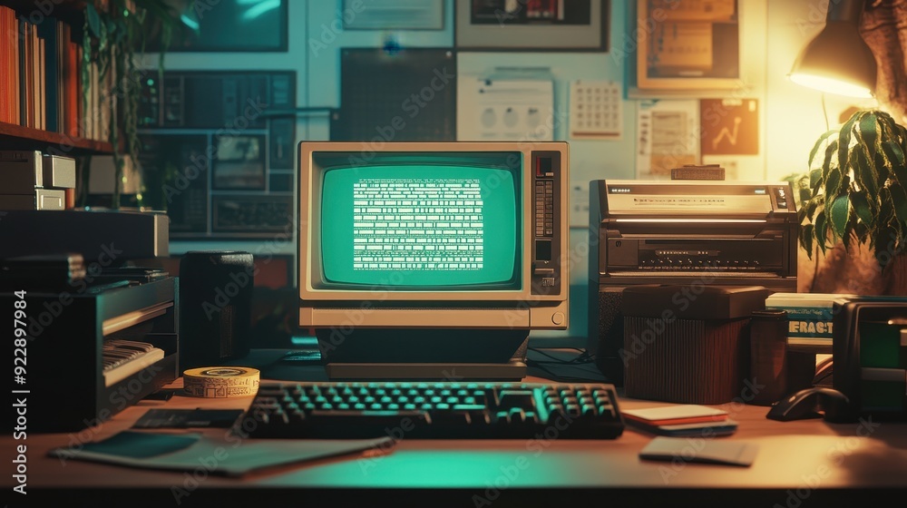 Retro Computer Desk with Vintage Monitor, Keyboard, and VHS Player in a ...