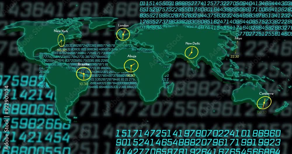 World map with clocks showing different time zones and binary code animation 素材庫影片 | Adobe Stock