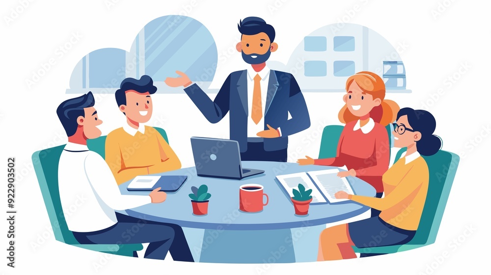 The image captures a corporate business team and manager engaged in a ...