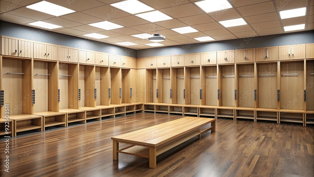 Sports locker room with wooden benches, lockers, and equipment shelves ...
