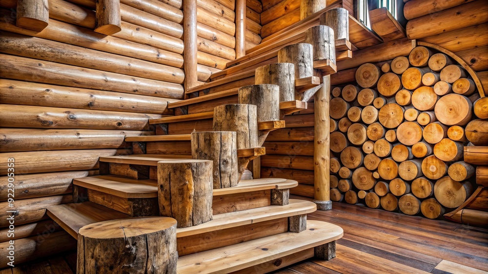 Round wooden logs used as stairs in a rustic cabin, stairs, round logs ...