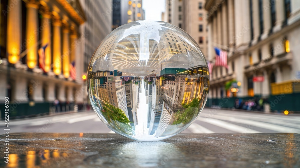 City street reflection captured through a glass sphere, creating a ...