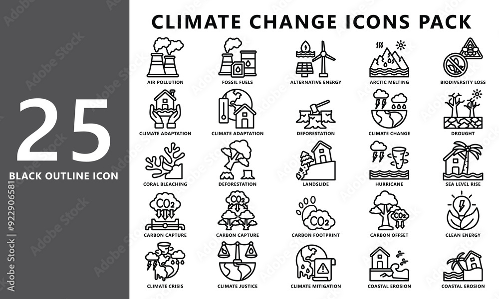 Climate change black outline icon set, contain pollutions, alternative ...