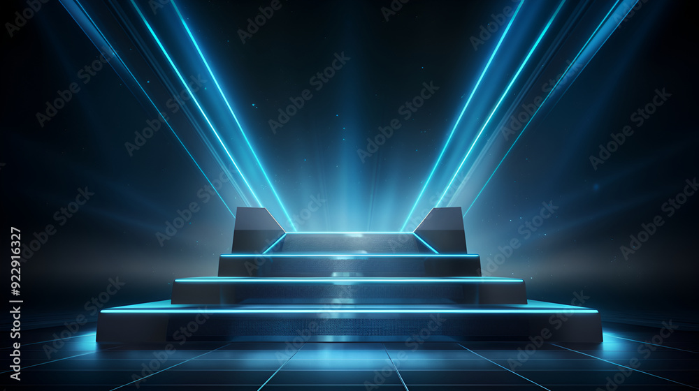 Podium on blue background with spotlights for product , Laser Beam ...