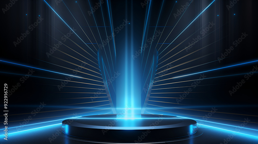 Podium on blue background with spotlights for product , Laser Beam ...