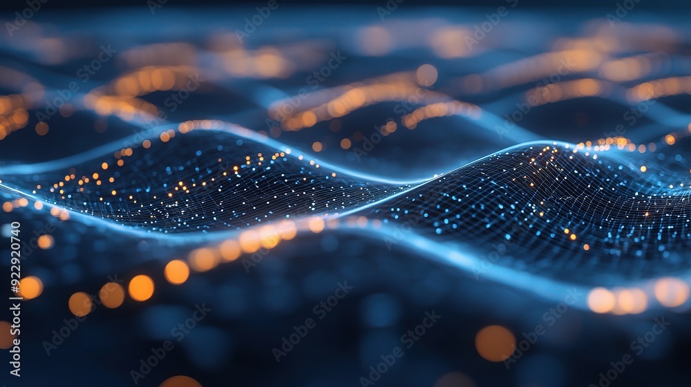 Digital Horizon: Glowing waves of data flow across a dark expanse ...