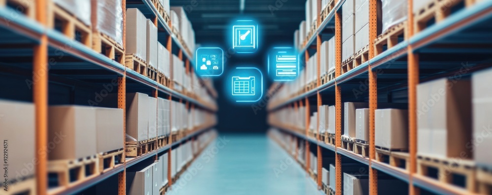 Modern warehouse interior with stacked boxes and digital icons ...