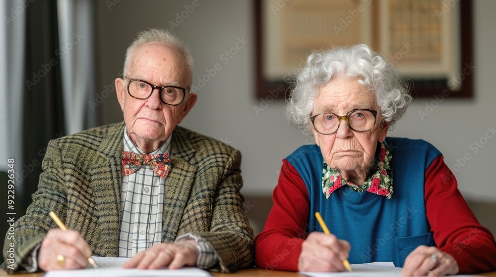 Senior Couple Handwriting Personal Letters at Wooden Desk with Cozy ...