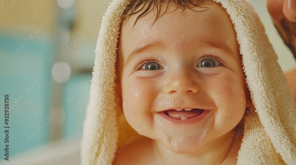 Adorable Baby Boy Wrapped In A Towel, Smiling After A Bath, Lying On ...