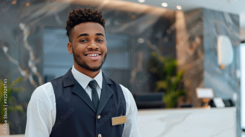 Hotel check in process with friendly staff at the reception desk in a ...