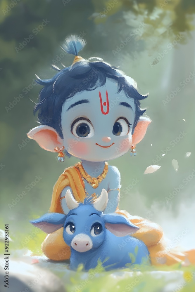Cute little baby Krishna with sacred cow. Hindu god Lord Krishna with ...
