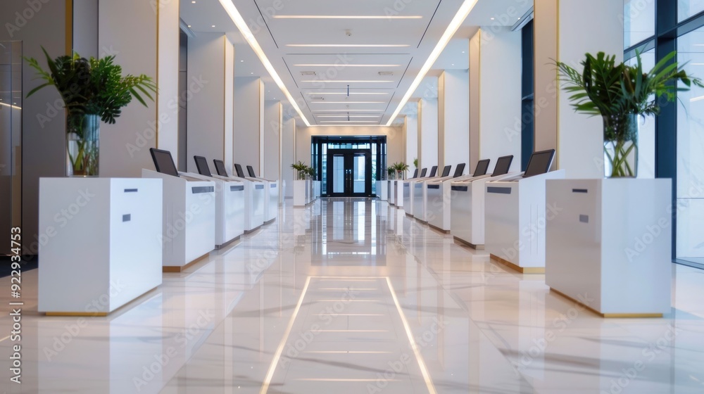 Sleek and modern hotel check in lobby featuring digital screens self ...