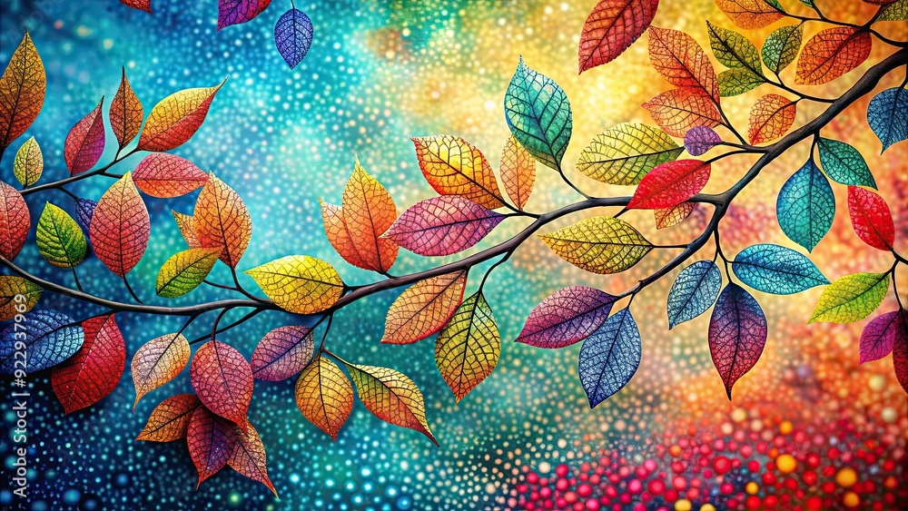 Pointillism art style with colored leaves and branches, creating a ...