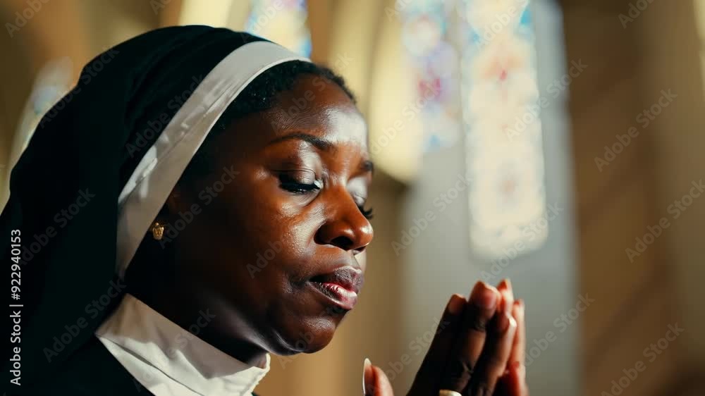 Middle aged African American nun praying in catholic church. The ...