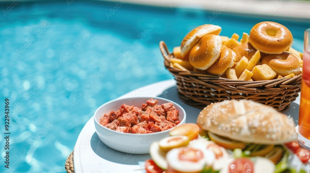 Delightful poolside picnic setup with an array of tasty snacks ...