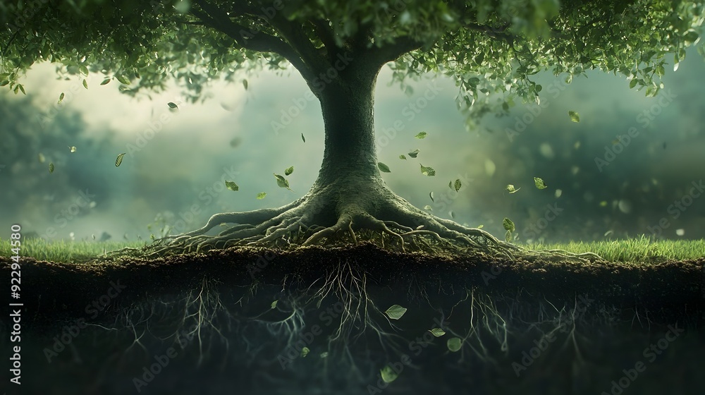 Surreal Upside Down Tree with Roots Reaching towards the Sky and Leaves Growing from the Ground ...