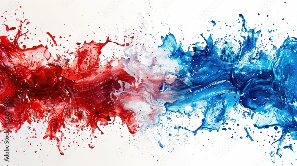 Produce an image of a French paint splash flag with blue, red, and ...