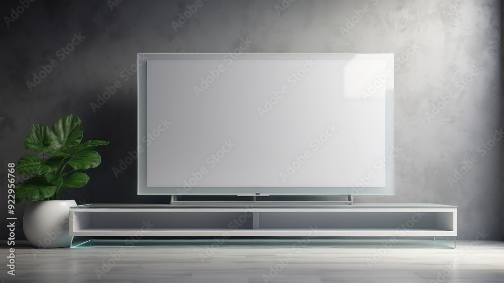 Front view of a blank white television screen mockup in gloomy ...