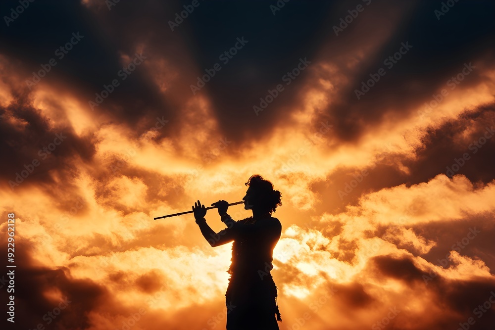 Silhouette of Hindu god Lord Krishna playing flute on sunset. Krishna ...