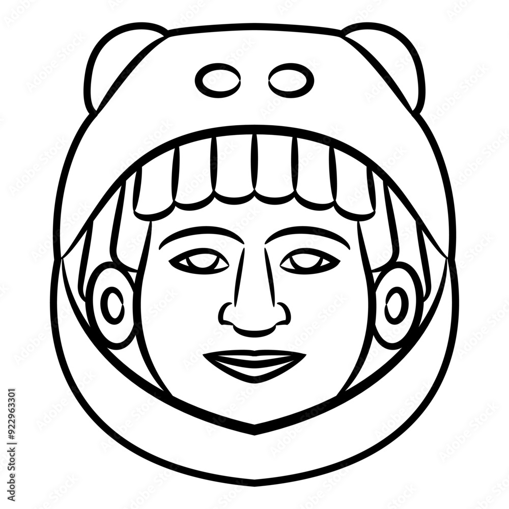 Aztec god Ehecatl. Human head in animal helmet. Indian warrior ...