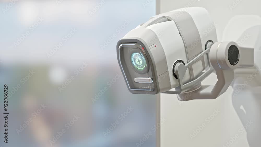 Futuristic white Security CCTV camera. Scan the area for surveillance ...