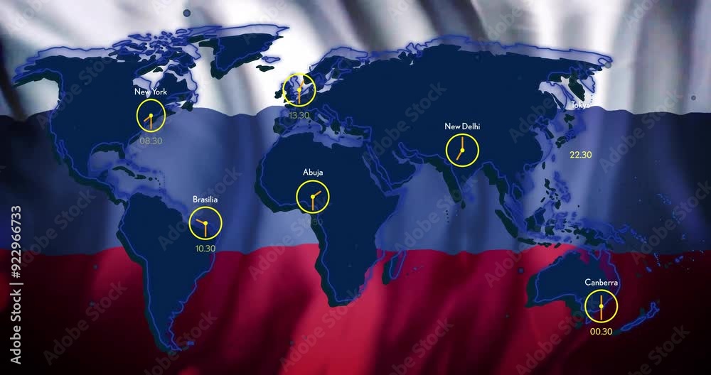 World map with clocks showing different time zones animation over ...