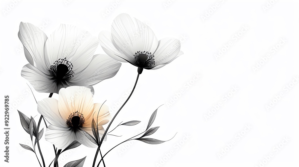 Three delicate white flowers with black centers on a white background ...