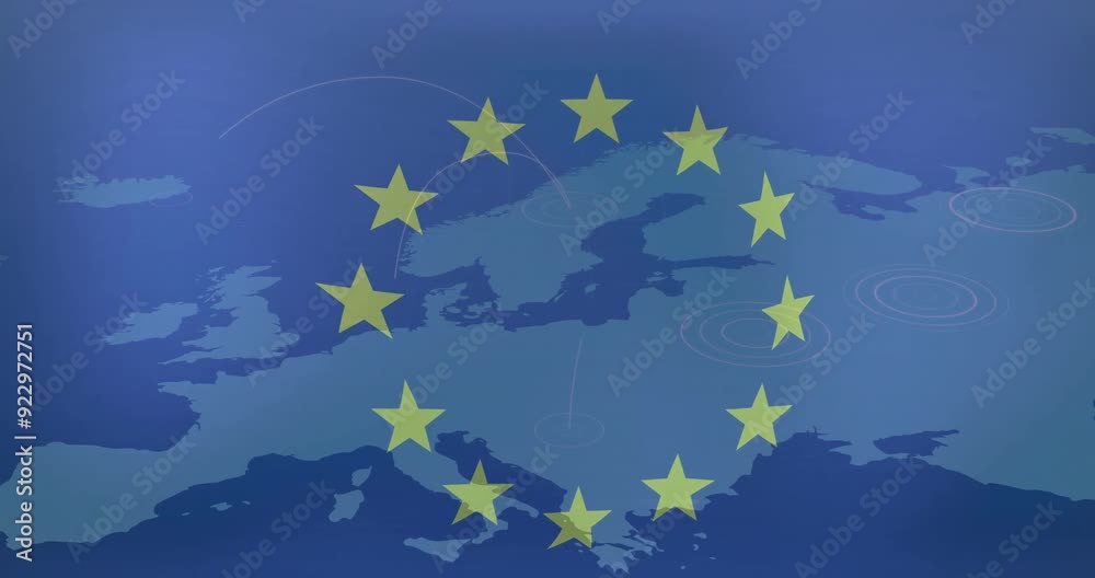 European Union stars animation over map of Europe with target circles ...