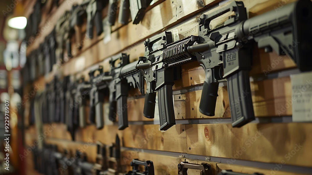 Assault rifles for sale like the AR 15 and AR 10 hanging on the wall ...