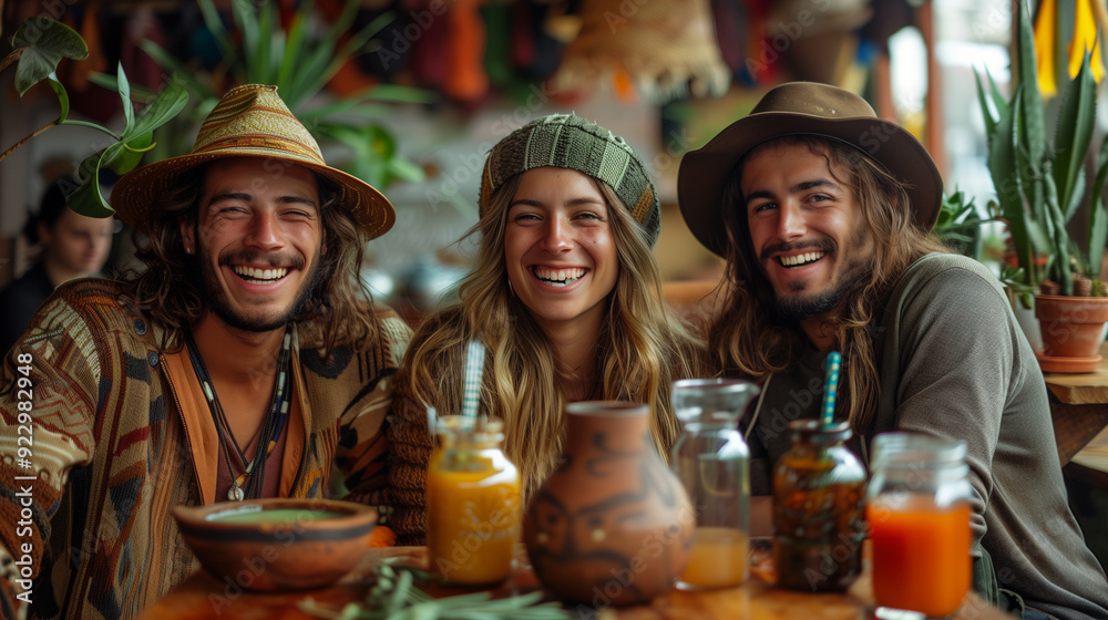 Group of friends sharing yerba mate in a cozy living room. Besties ...