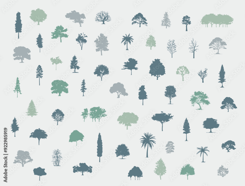Minimal style cad tree line drawing, Side view, set of graphics trees ...