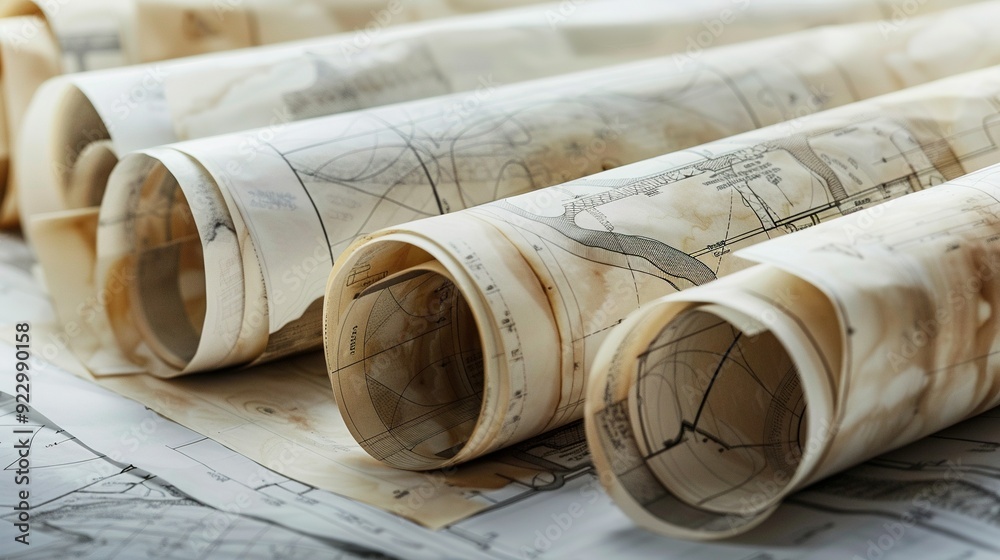 Rolled-up Architectural Blueprints with Detailed Drawings Stock Photo ...