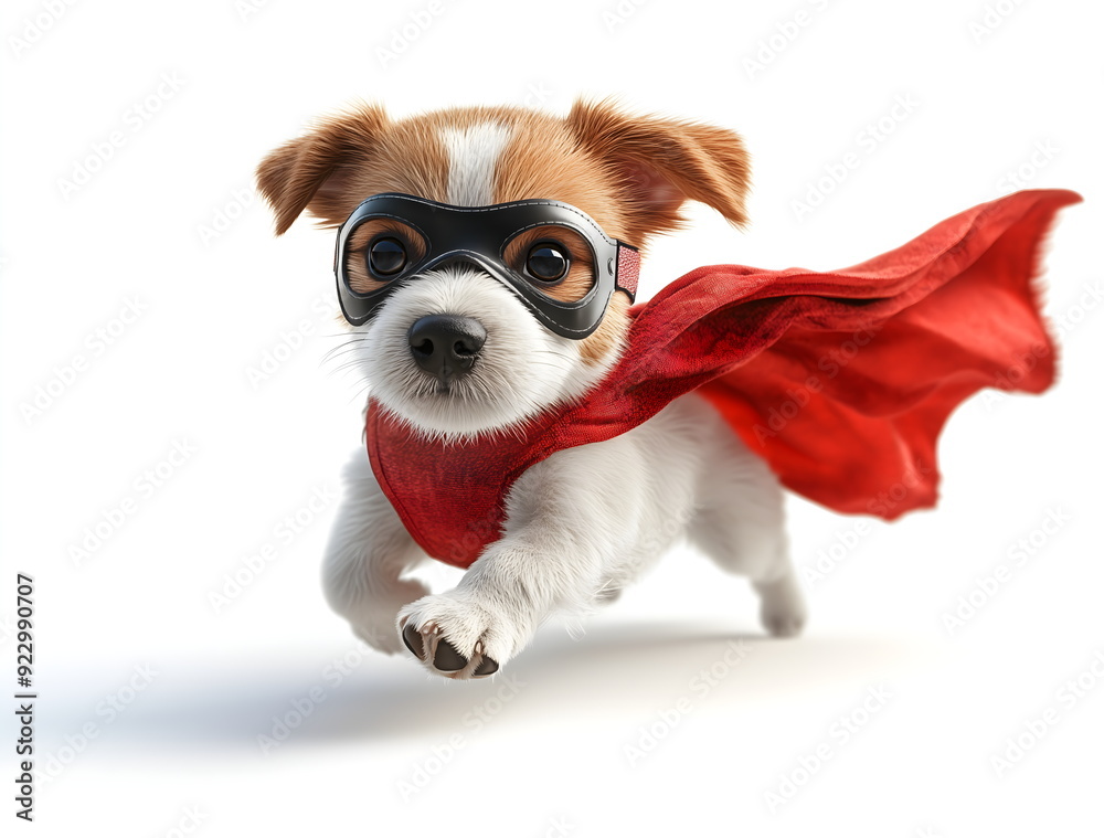Dog in a superhero costume. Kitten superman in a red fluttering cape ...