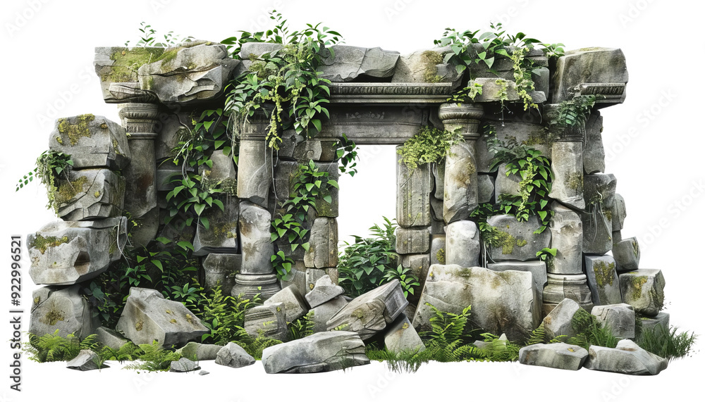 Ancient stone ruins overgrown with lush greenery, creating a mysterious ...