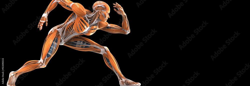 Anatomical structure of muscular system of human body, dark background ...