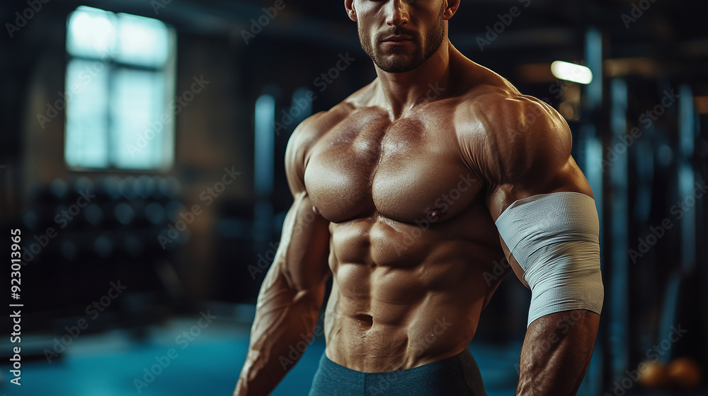 A male muscular bodybuilder standing, bandage and injured arm, in a gym ...