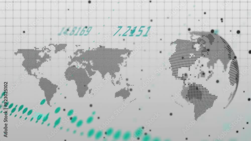 World map with data points and numerical values, global data processing ...