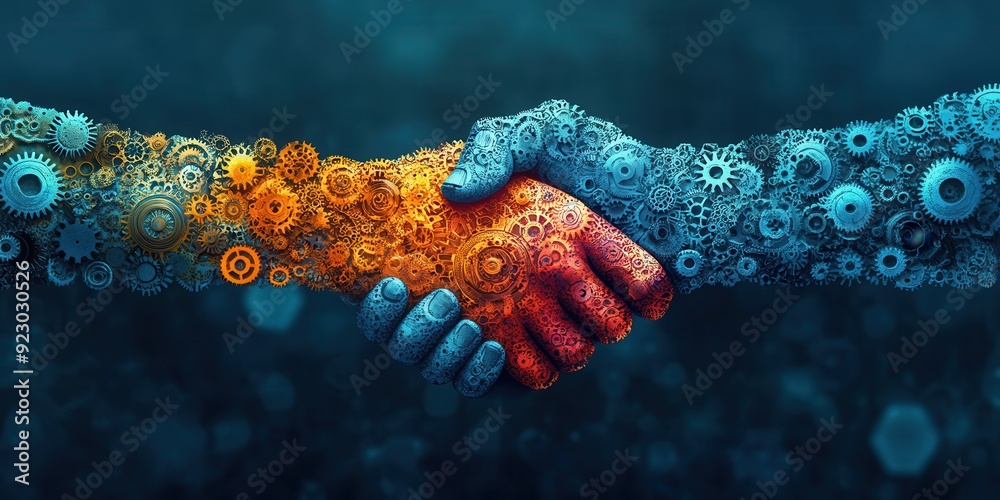 Two hands made of interconnected gears and cogs shaking hands ...