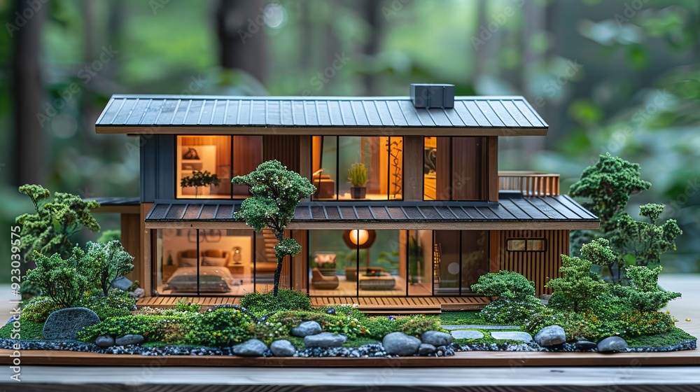 Miniature model of modern wooden house Architectural design Landscaped ...