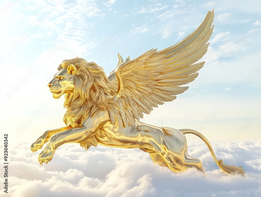 A golden lion with wings flying through the sky. The lion is depicted ...
