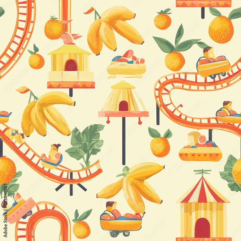 Seamless pattern of fruits in a carnival setting, with oranges on ...